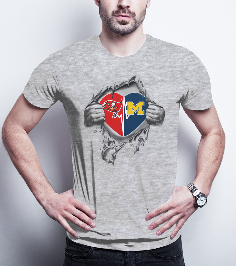 Buccaneers Michigan Wolverines Heart Shaped Logo Mashup Peeking Through Chest T-Shirt