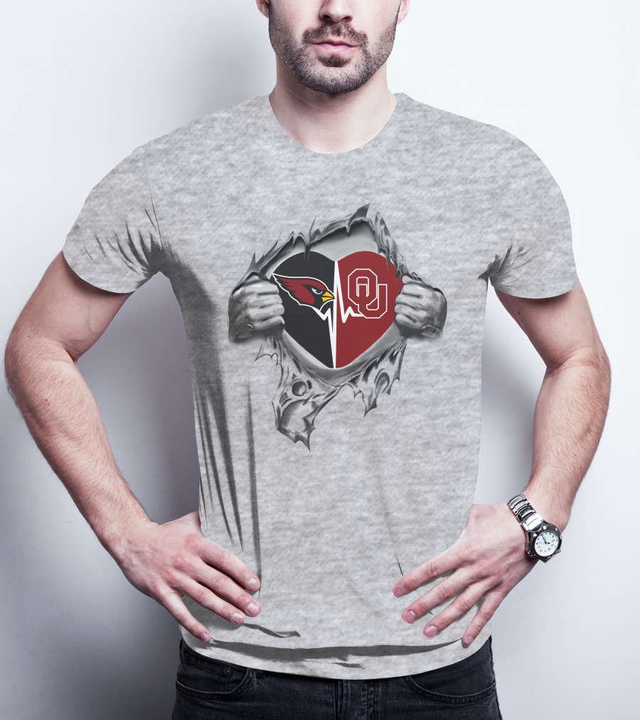 Cardinals Sooners Heart With Split Logo And Tear T-Shirt