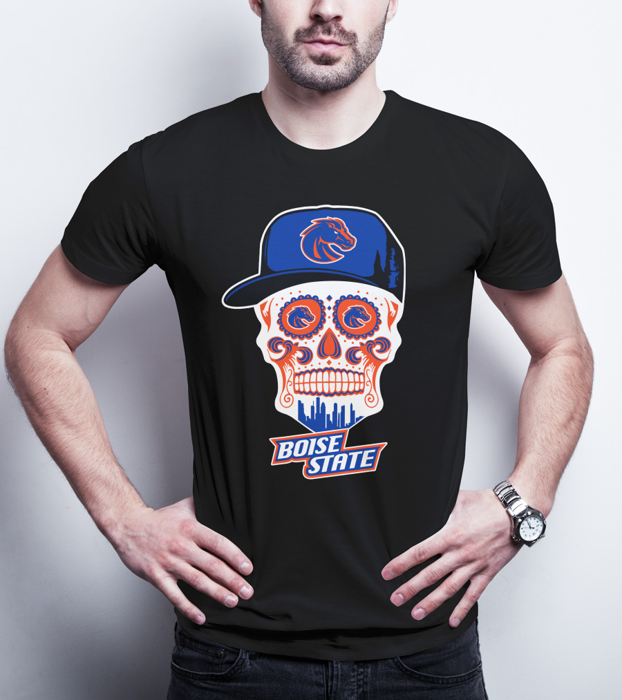 Boise State Broncos Skull With Hat And City Skyline T-Shirt