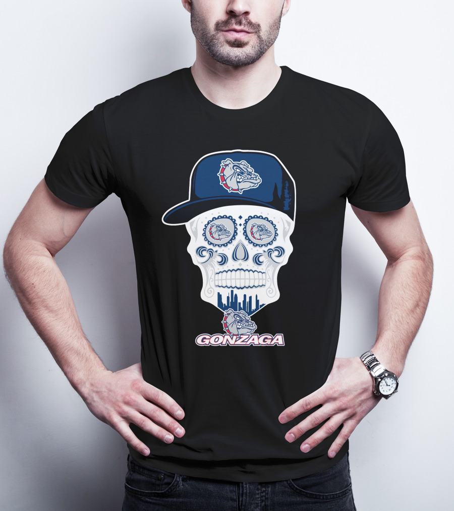 Gonzaga Bulldogs Skull With Hat And City Skyline T-Shirt