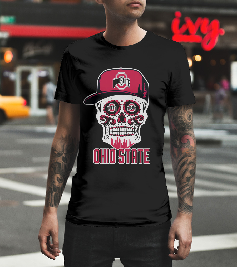 Ohio State Buckeyes Skull With Baseball Cap And Cityscape Elements T-Shirt