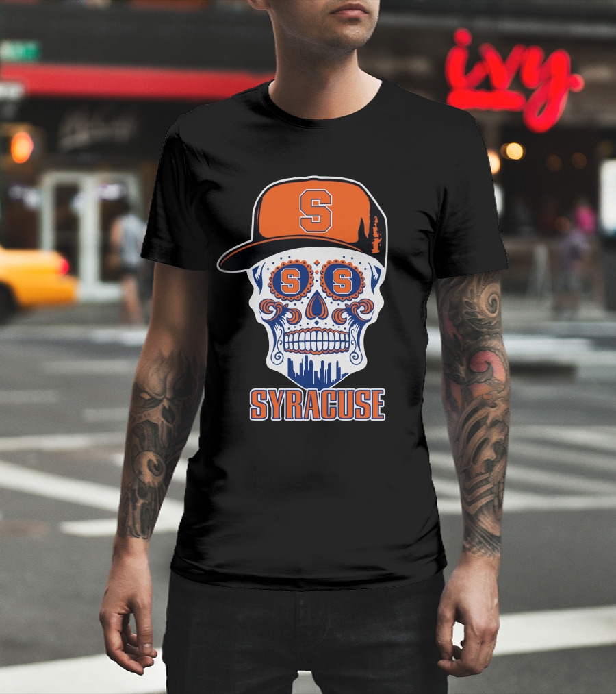 Syracuse Orange Skull With Baseball Cap And Cityscape Elements T-Shirt