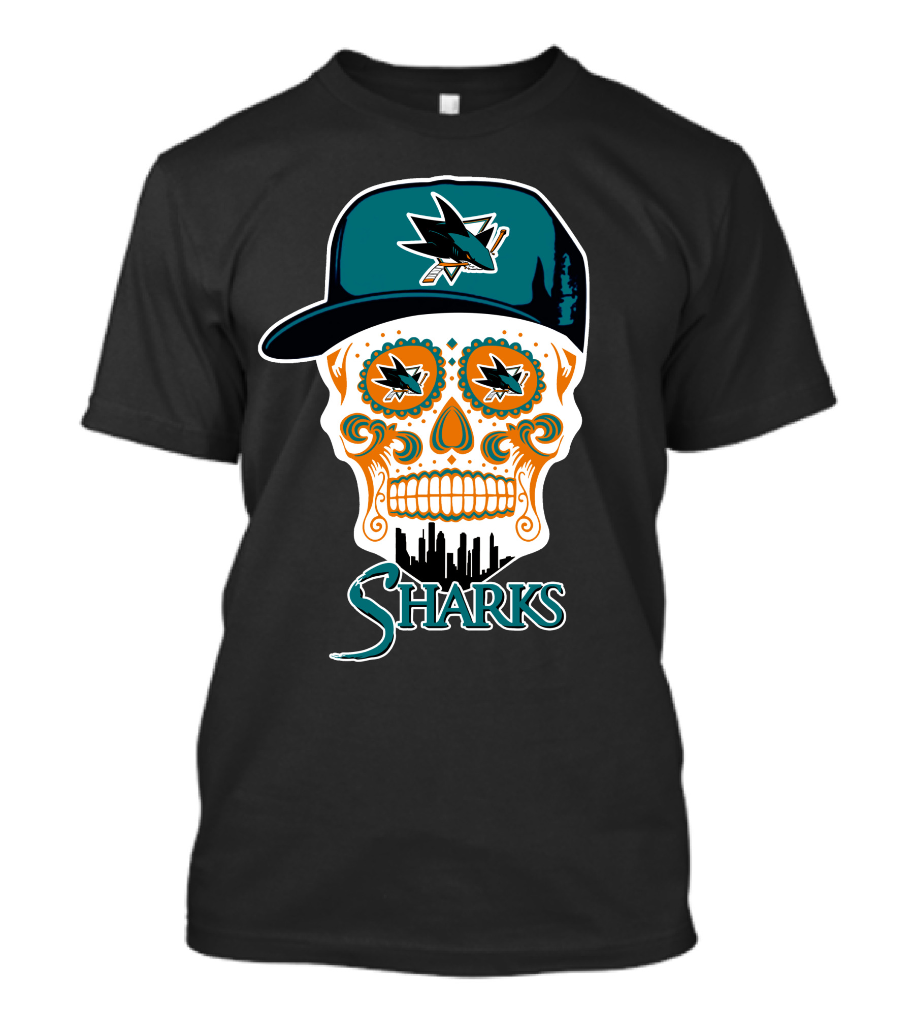 San Jose Sharks Skull With Logo And Cityscape Elements T-Shirt