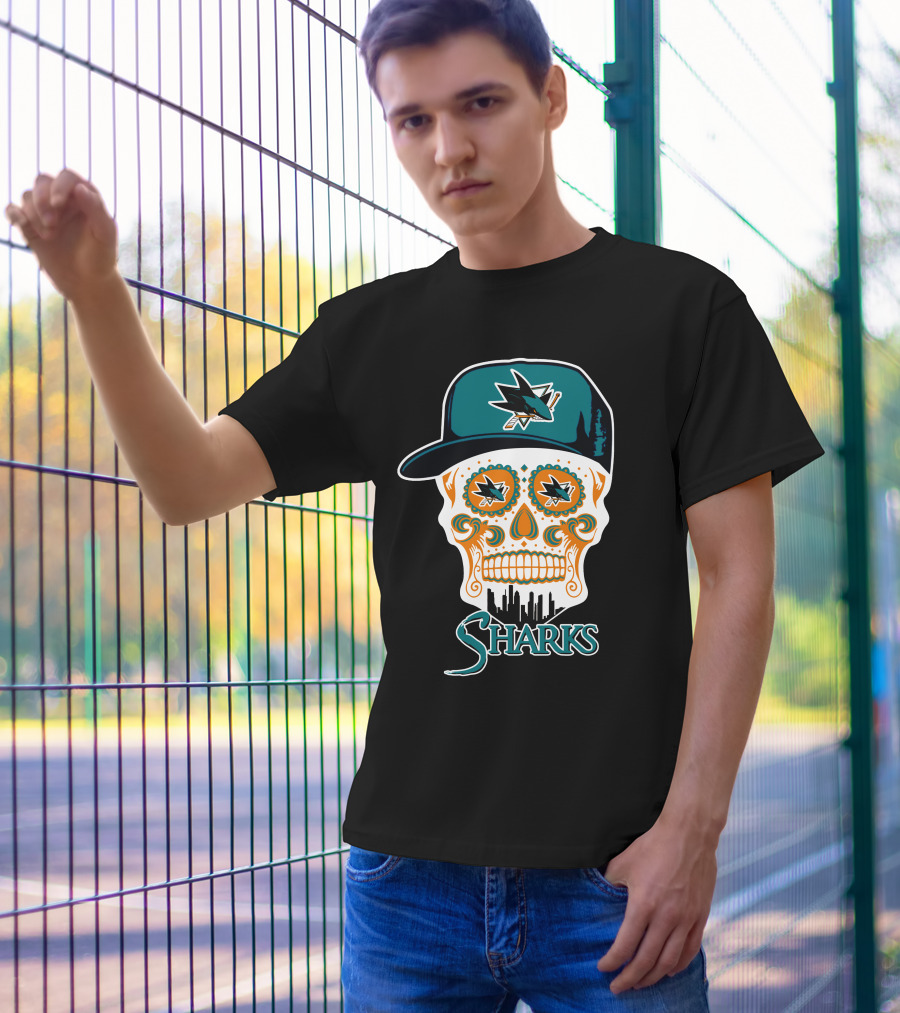 San Jose Sharks Skull With Logo And Cityscape Elements T-Shirt