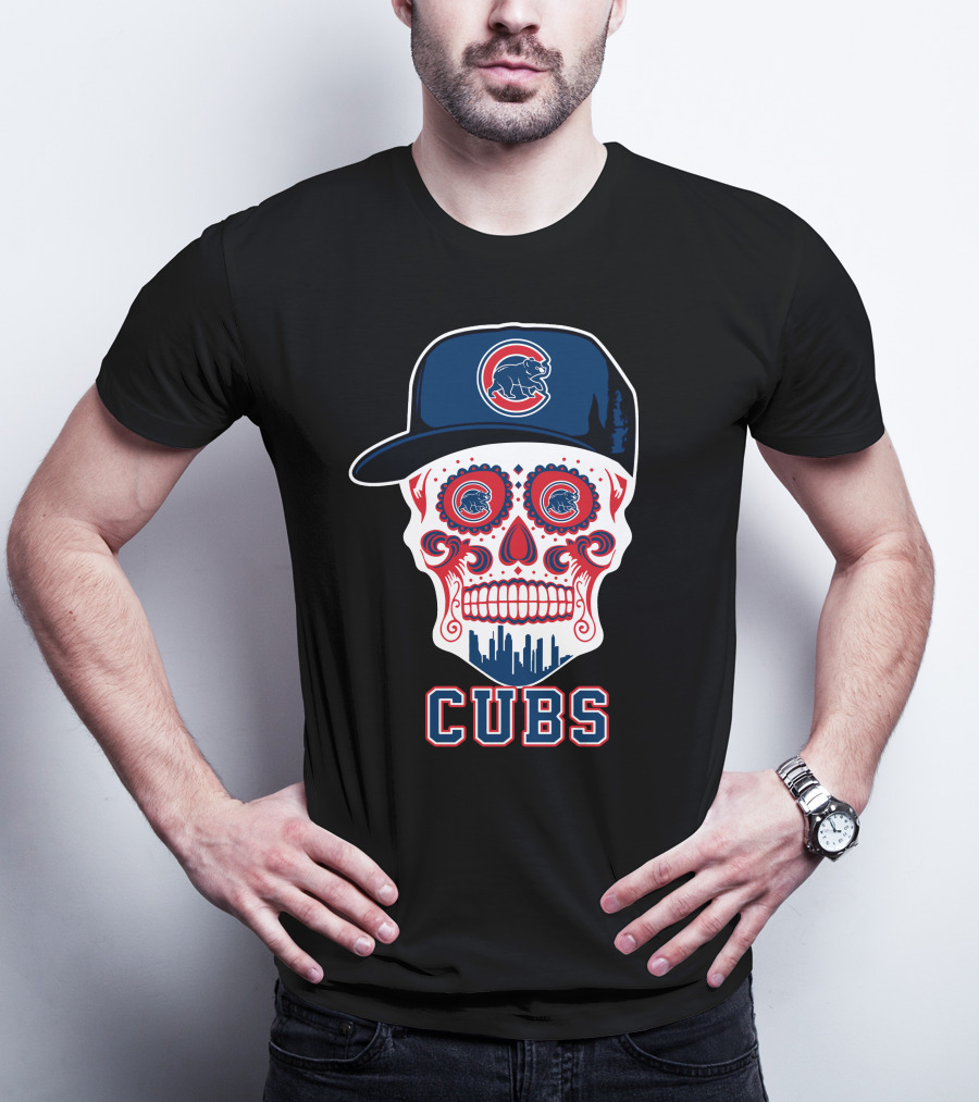 Chicago Cubs Skull Hat Red Blue Skyline T-Shirt