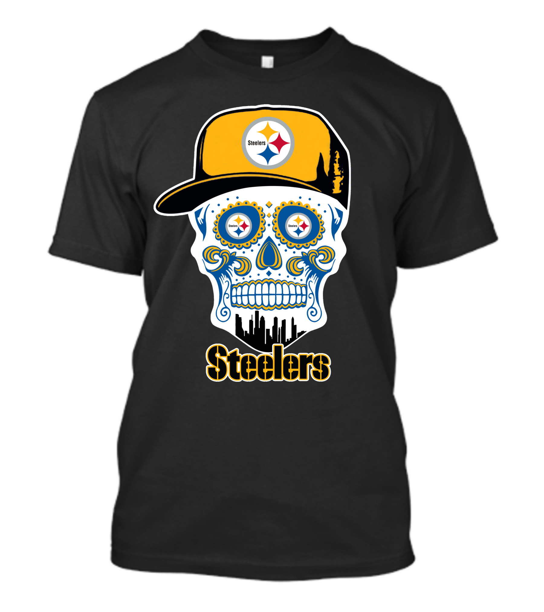 Steelers Skull With Yellow Cap And City Silhouette T-Shirt