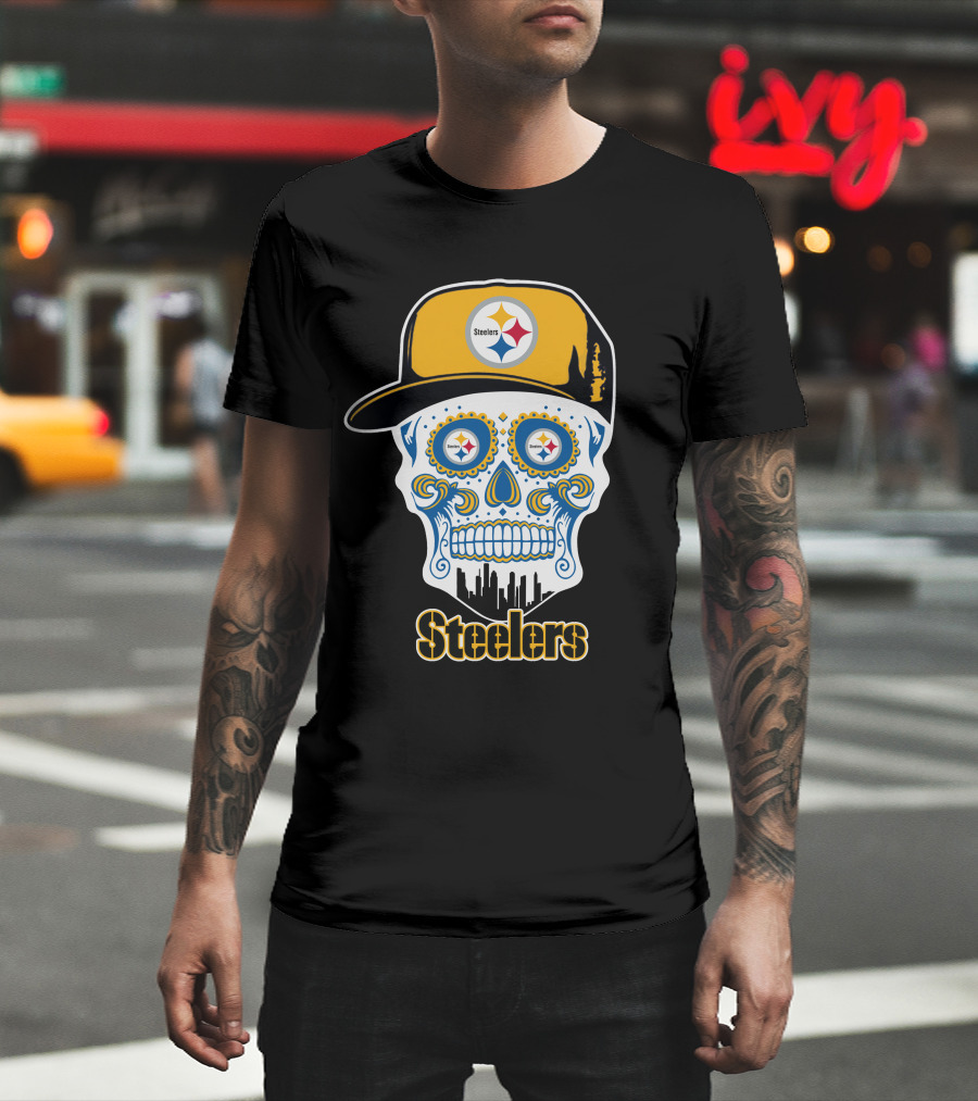 Steelers Skull With Yellow Cap And City Silhouette T-Shirt