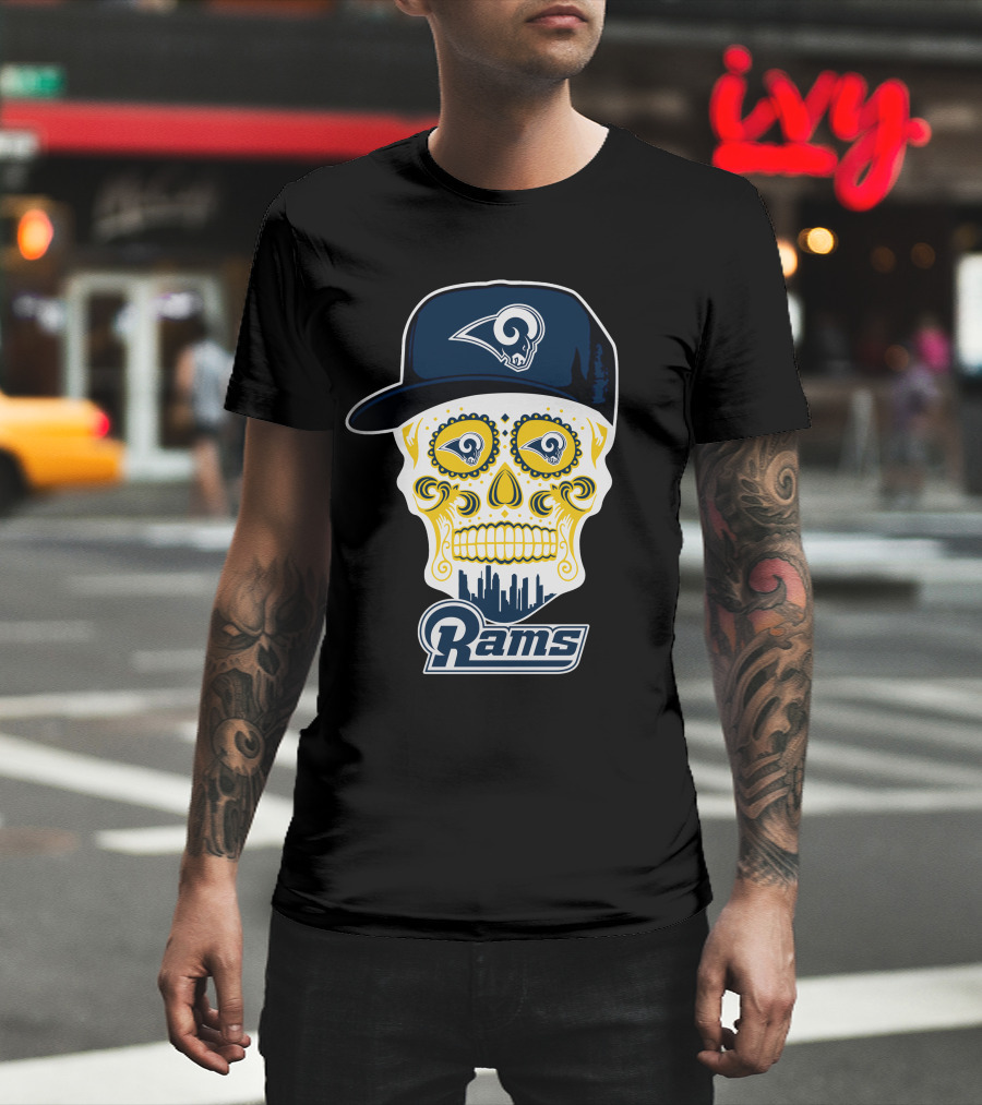 Los Angeles Rams Skull Rams Cap City Skyline T-Shirt