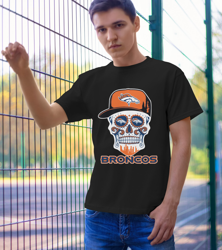 Denver Broncos Skull With Cap And Logos T-Shirt