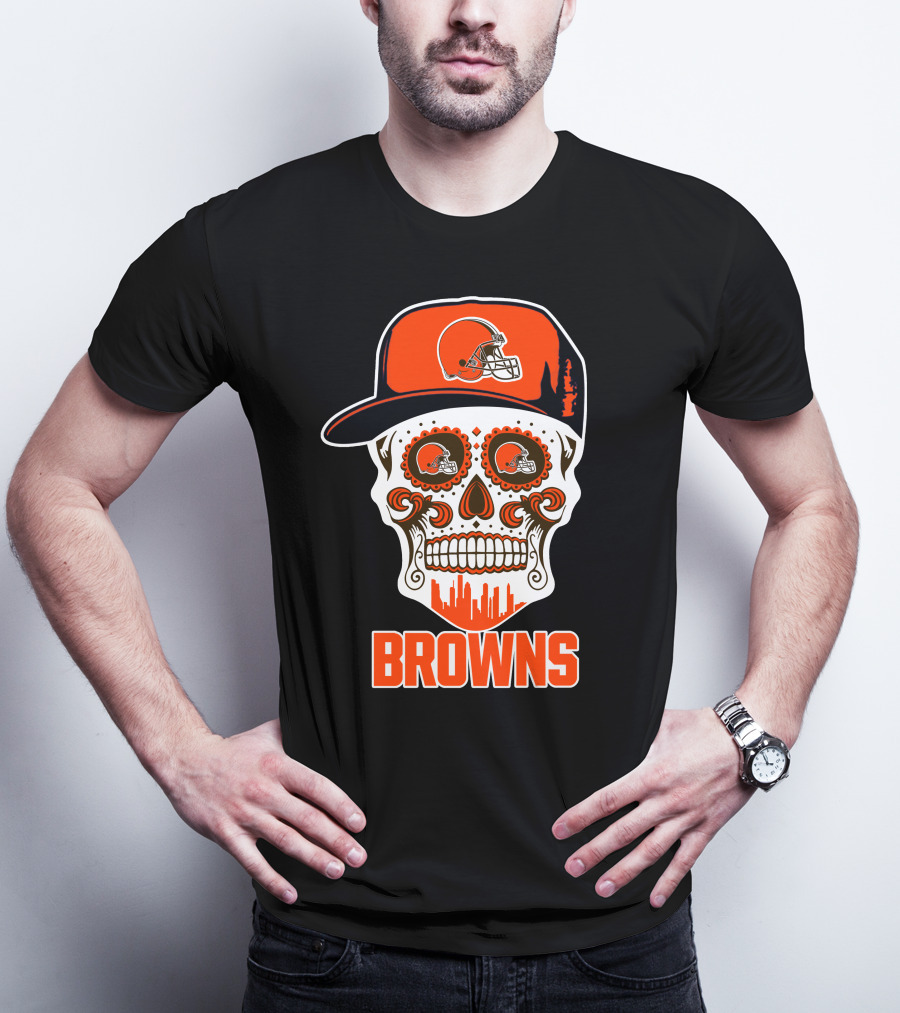 Browns Skull With Helmet And City Skyline T-Shirt