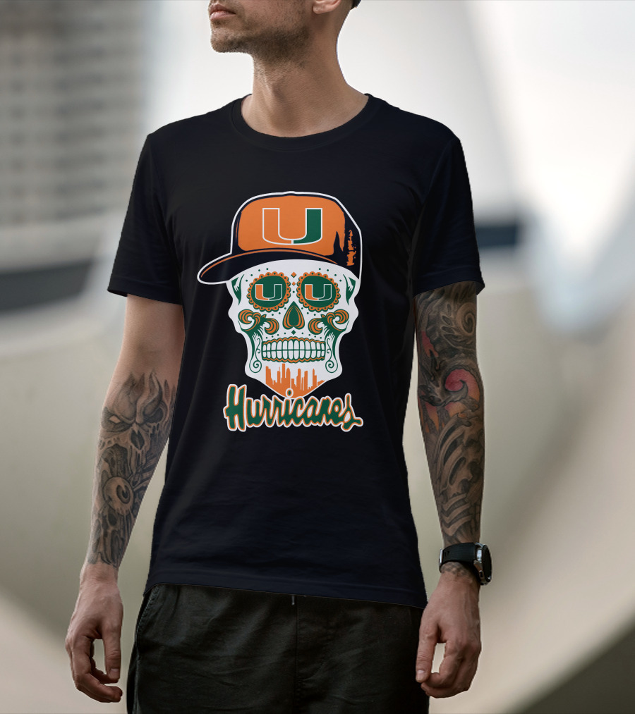 Miami Hurricanes Skull Orange And Green U Cap T-Shirt
