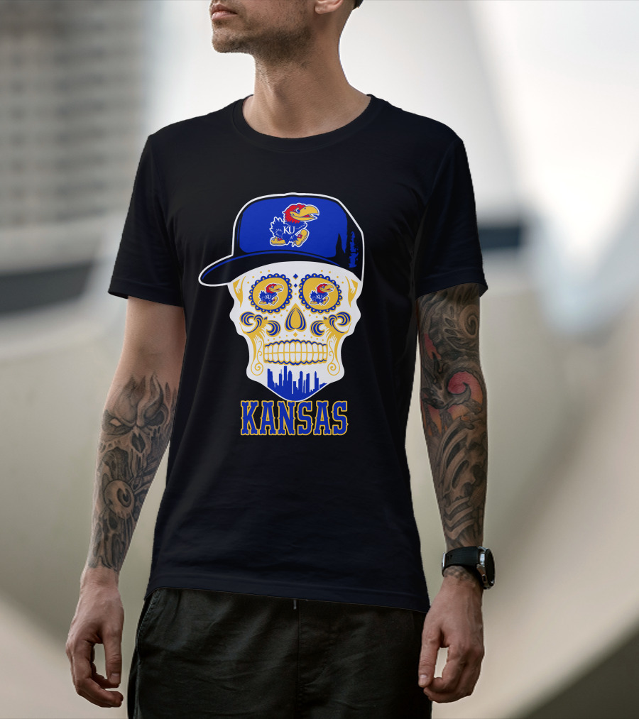 Kansas Jayhawks Skull Hat Ku T-Shirt