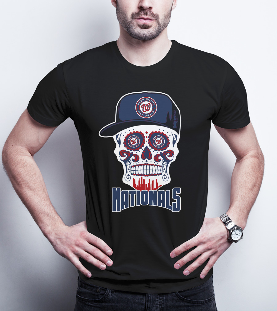 Washington Nationals Skull With Baseball Cap And City Silhouette T-Shirt