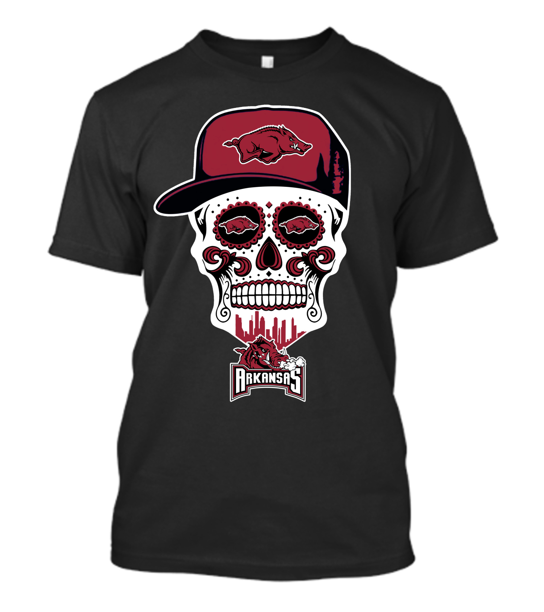 Arkansas Razorbacks Sugar Skull With Hat And Hog Logos T-Shirt