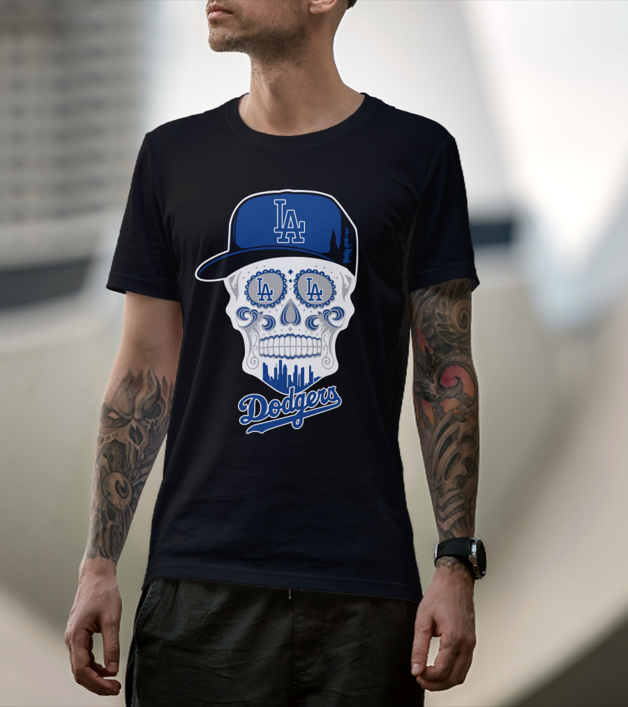 Los Angeles Dodgers Skull La Hat Blue City Skyline T-Shirt