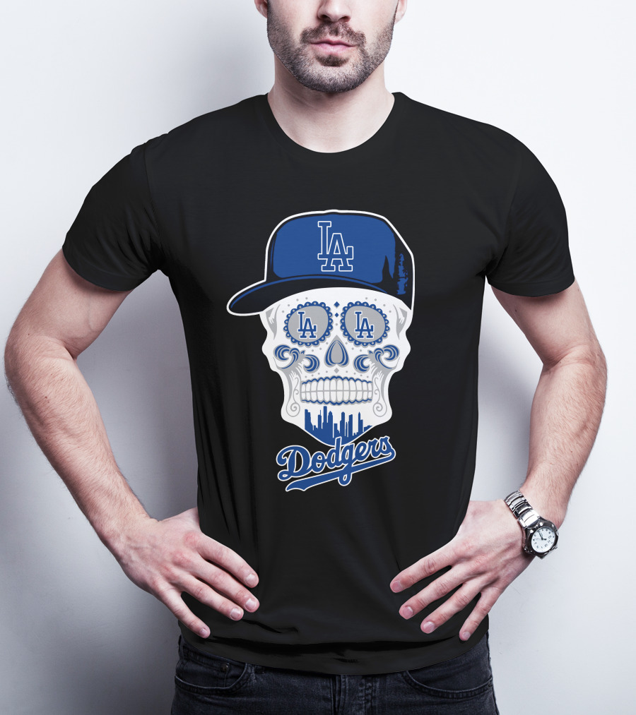 Los Angeles Dodgers Skull La Hat Blue City Skyline T-Shirt