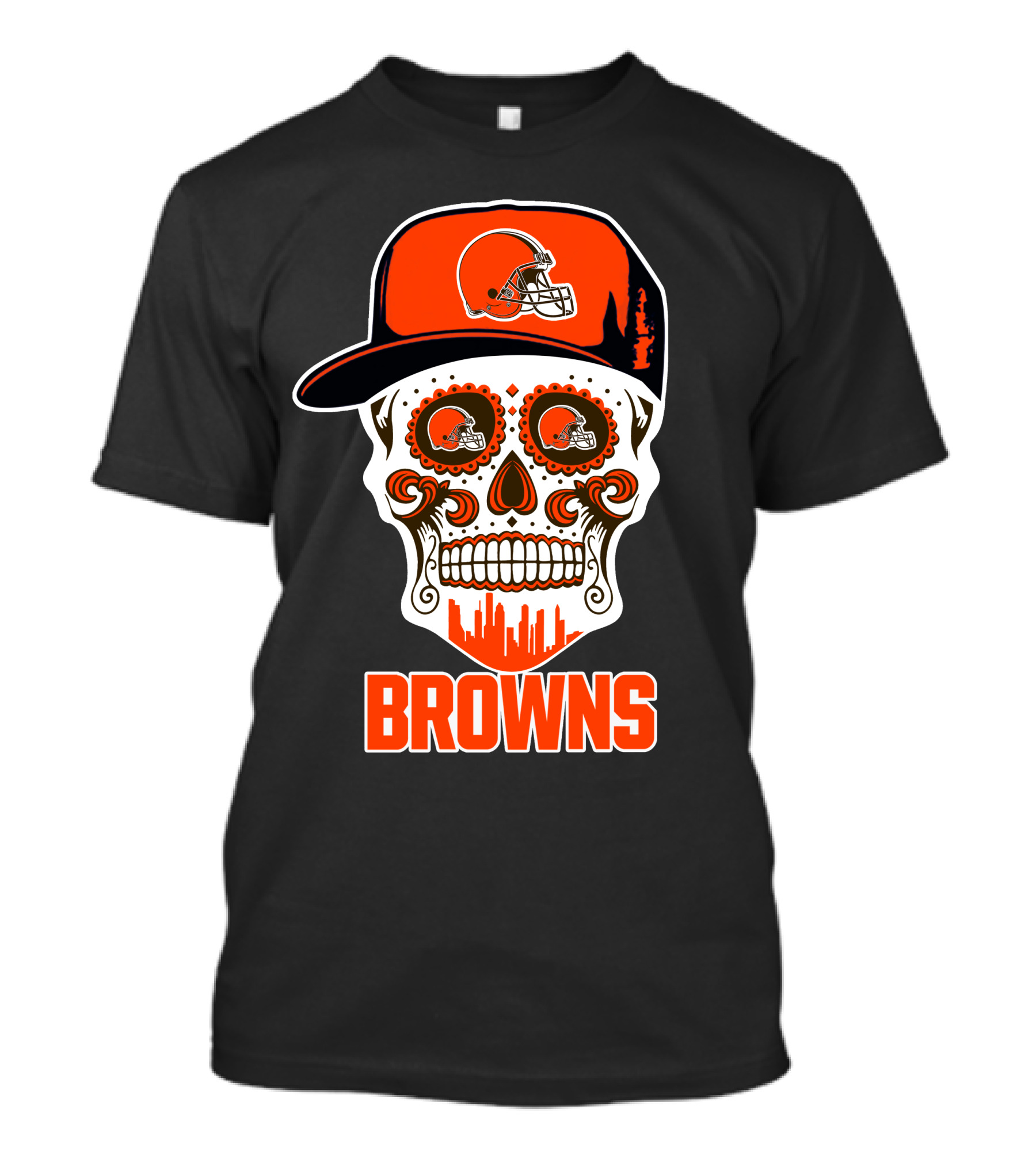 Cleveland Browns Sugar Skull With Orange Helmet And Brow Skyline T-Shirt