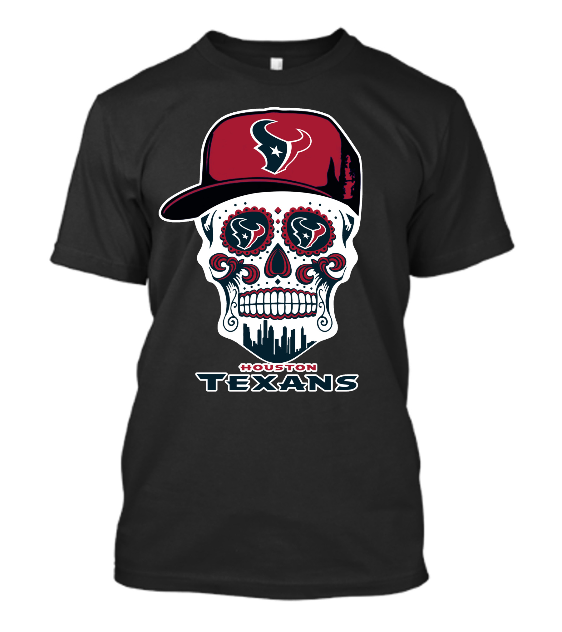 Houston Texans Skull With Cap And City Skyline T-Shirt