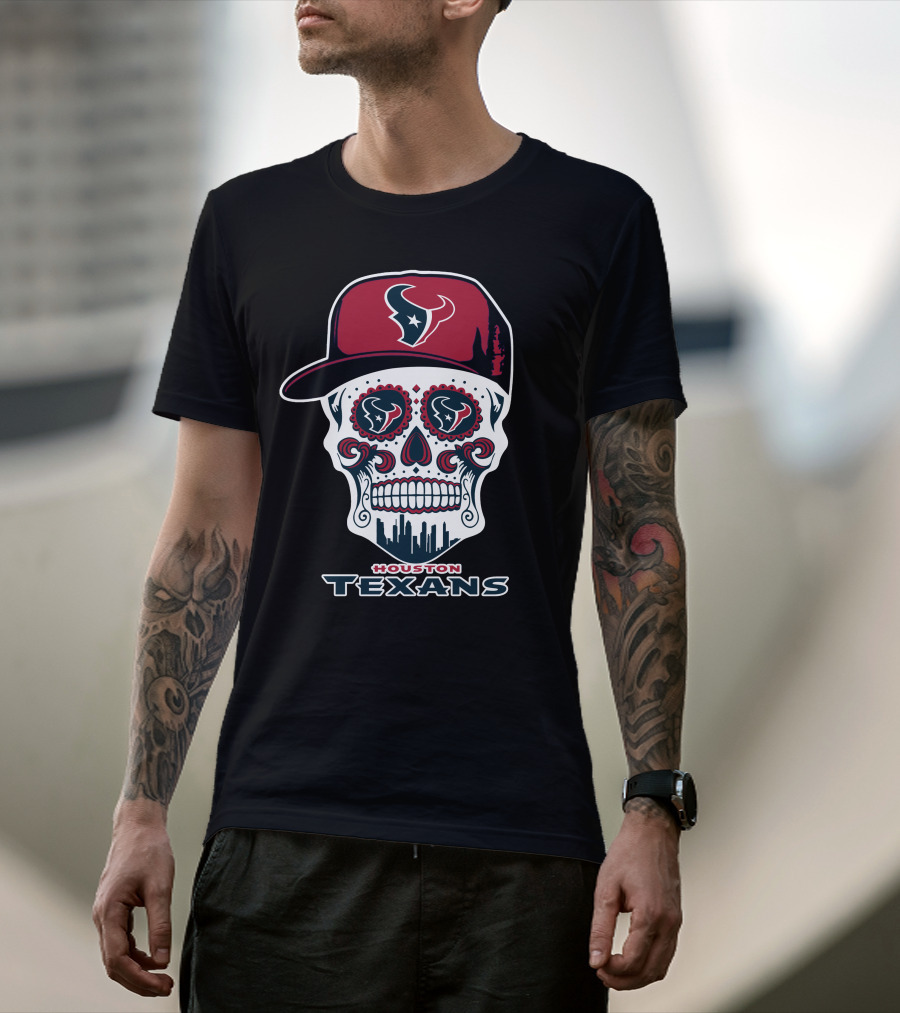 Houston Texans Skull With Cap And City Skyline T-Shirt
