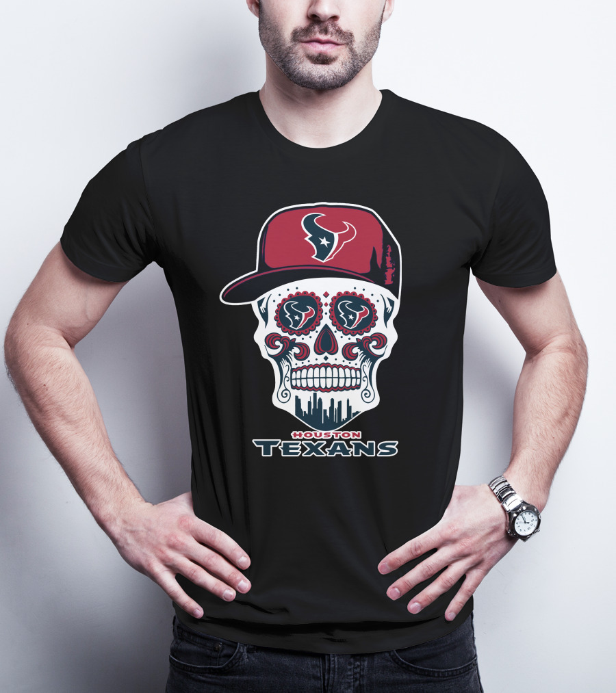 Houston Texans Skull With Cap And City Skyline T-Shirt