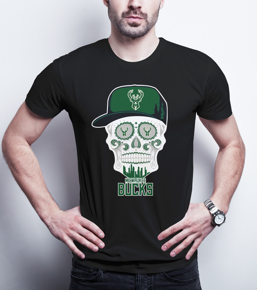 Milwaukee Bucks Skull With Cap And Skyline T-Shirt