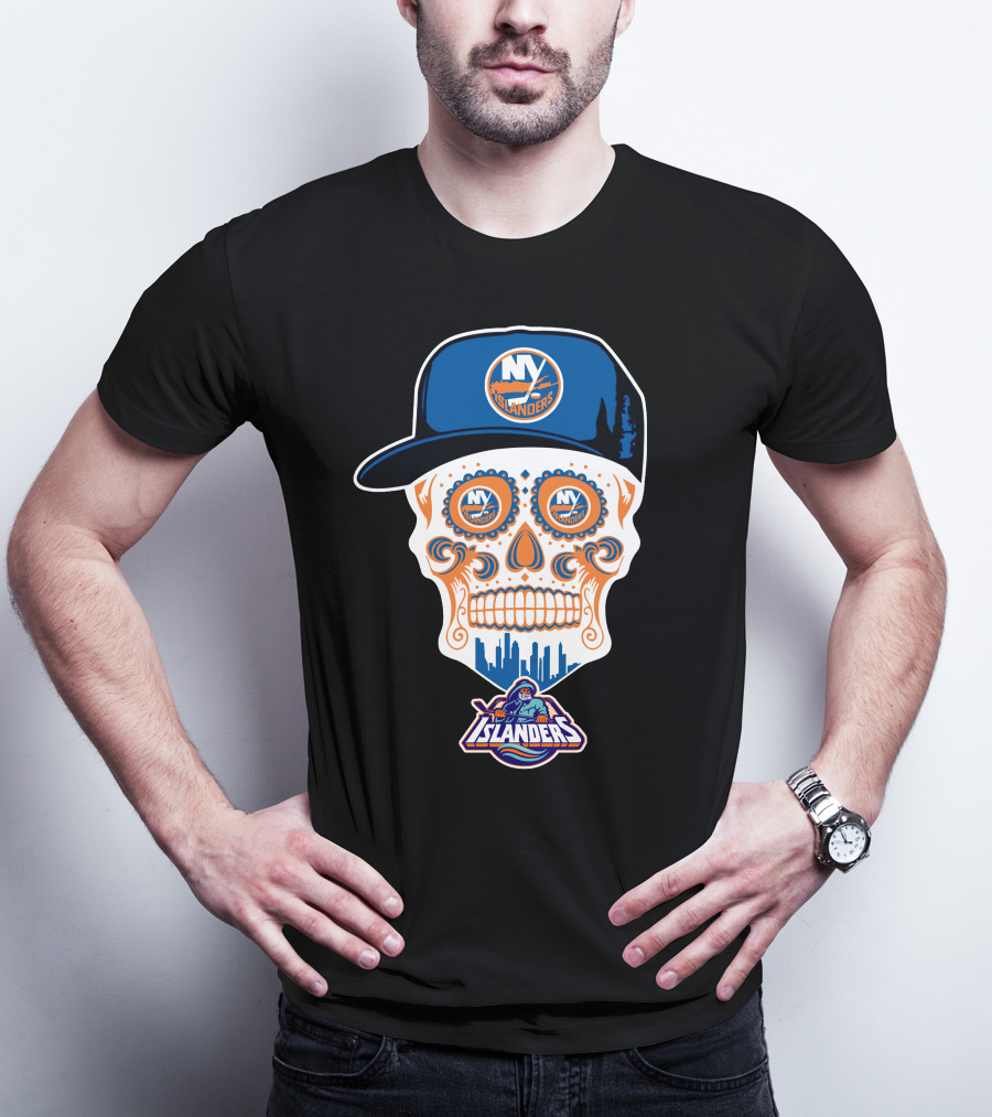 Ny Islanders Skull Logo With Cap And Cityscape T-Shirt