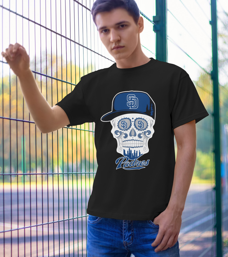 San Diego Padres Skull Design With Sd Cap And Cityscape Elements T-Shirt