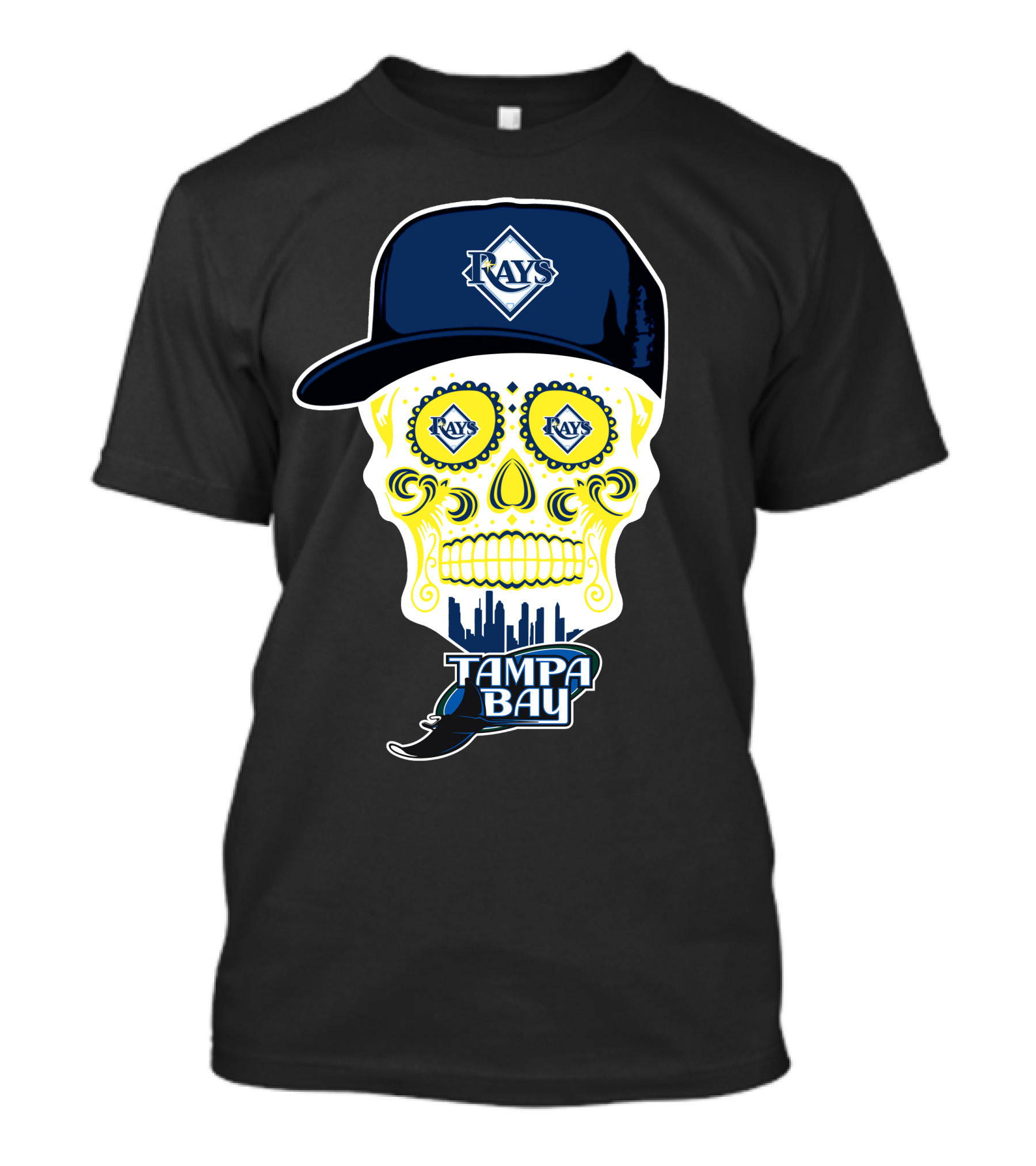 Tampa Bay Rays Skull With Hat And City Skyline T-Shirt