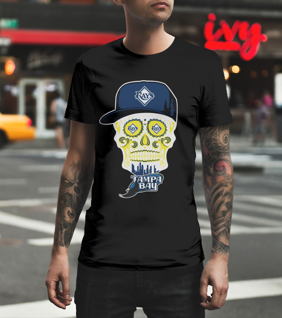Tampa Bay Rays Skull With Hat And City Skyline T-Shirt