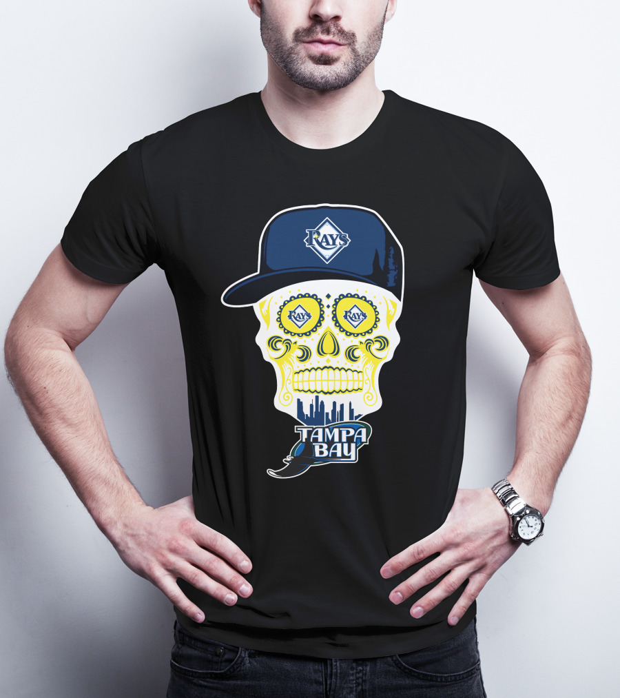 Tampa Bay Rays Skull With Hat And City Skyline T-Shirt