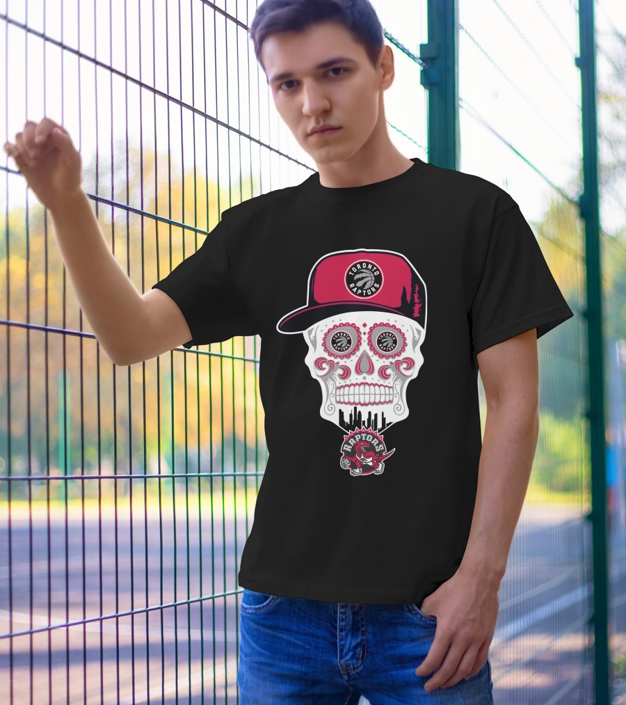 Toronto Raptors Logo Skull With Hat And Skyline T-Shirt