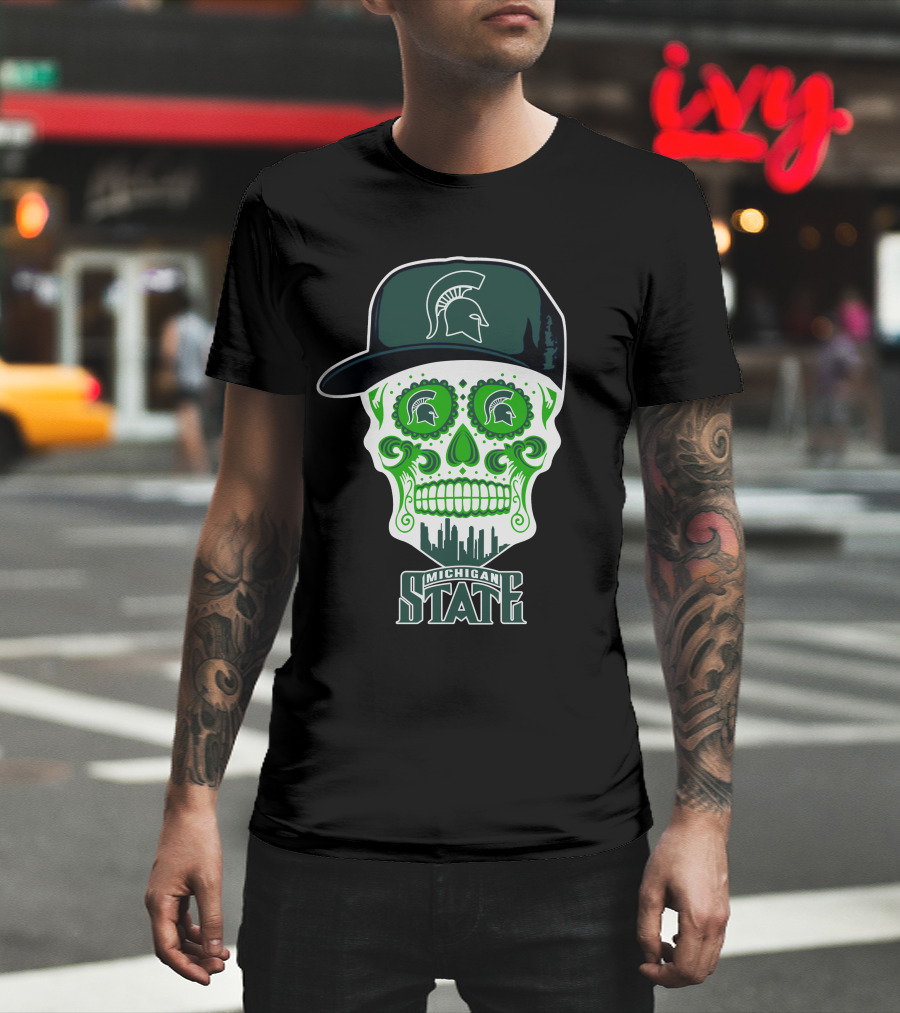 Michigan State Spartans Skull With Hat And Cityscape T-Shirt