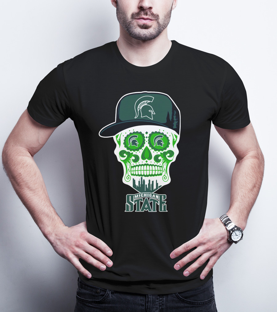 Michigan State Spartans Skull With Hat And Cityscape T-Shirt