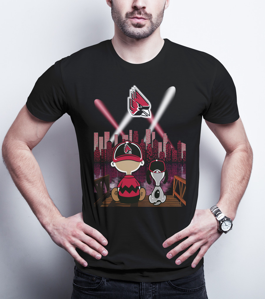 Ball State Cardinals City By Night Skyline Kids And Dog With Spotlight T-Shirt