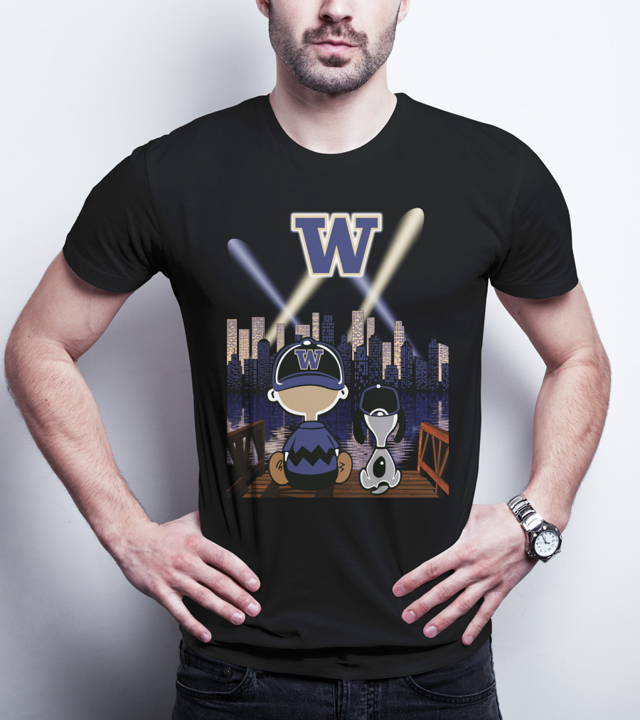 W Washington Huskies City Skyline At Night With Baseball Cap Characters T-Shirt