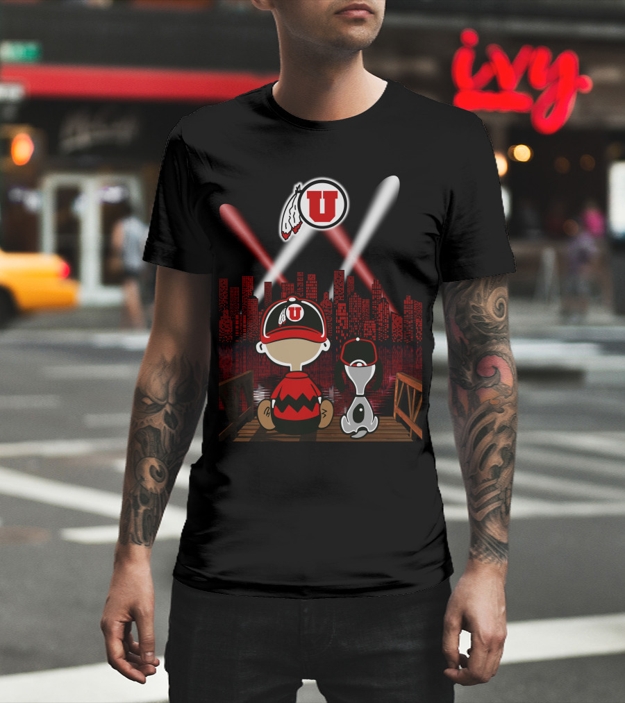 Utah Utes City Skyline Night Scene With Cartoon Characters T-Shirt