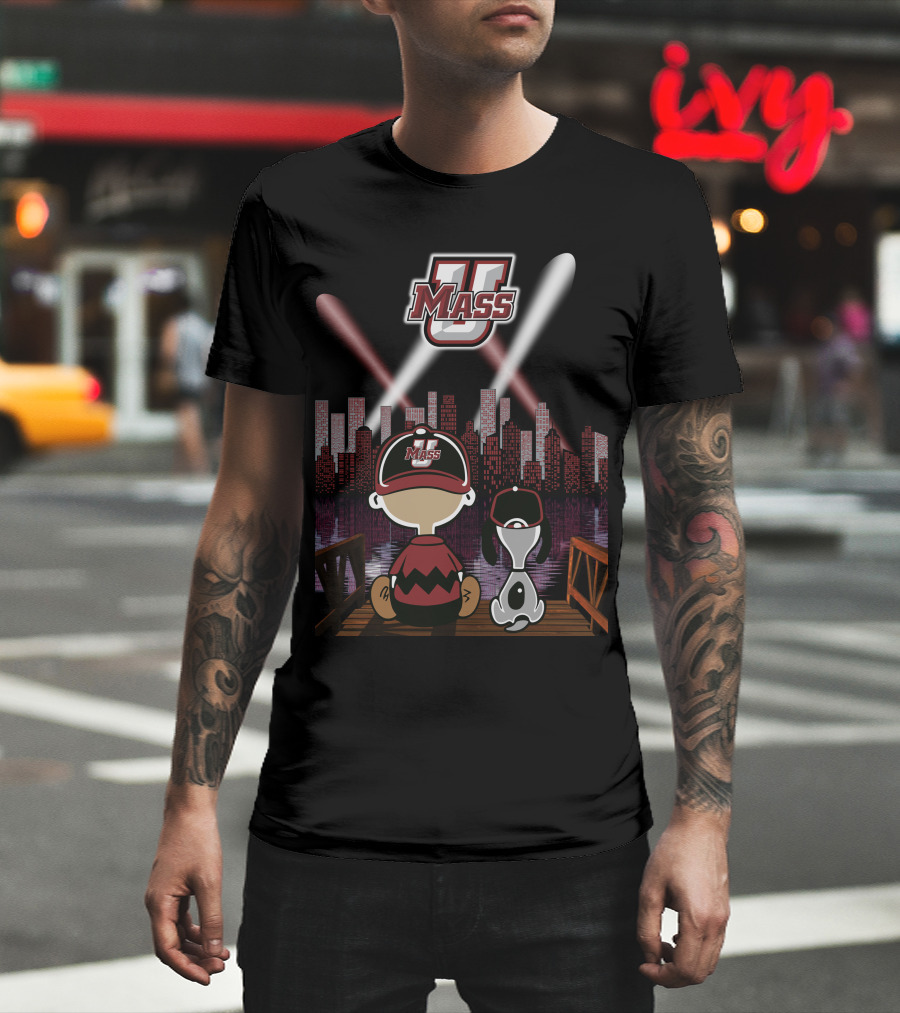 Umass Minutemen Downtown Skyline At Night With Cartoon Duo T-Shirt