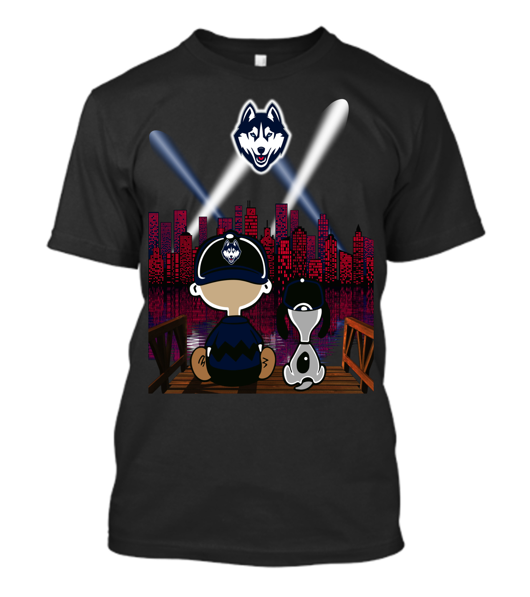 Uconn Huskies Skyline Night Lights With Cartoon Characters And Dog T-Shirt