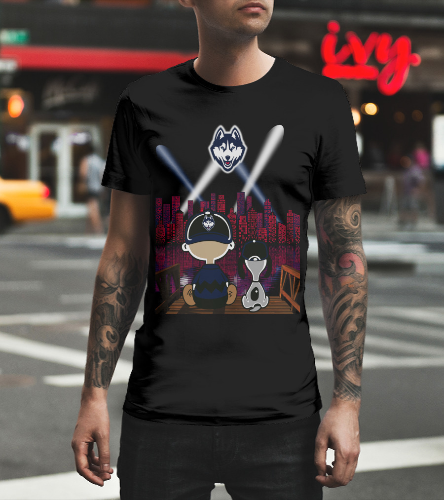 Uconn Huskies Skyline Night Lights With Cartoon Characters And Dog T-Shirt