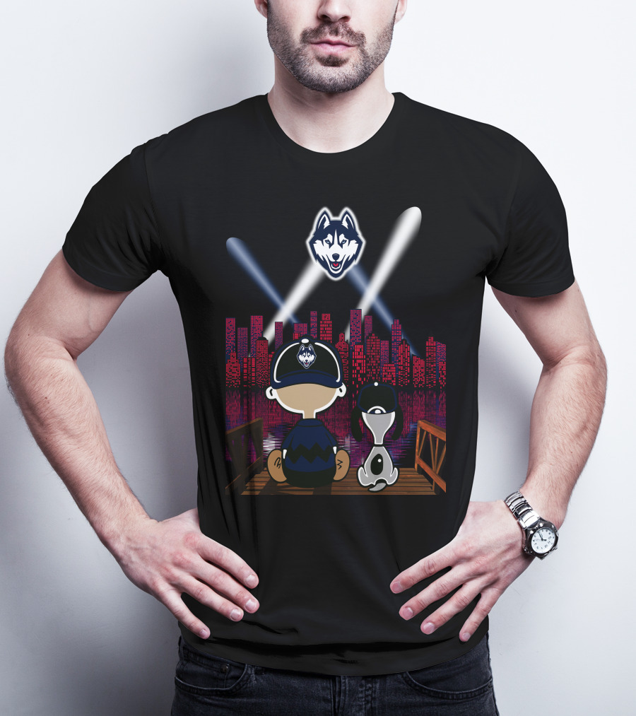 Uconn Huskies Skyline Night Lights With Cartoon Characters And Dog T-Shirt