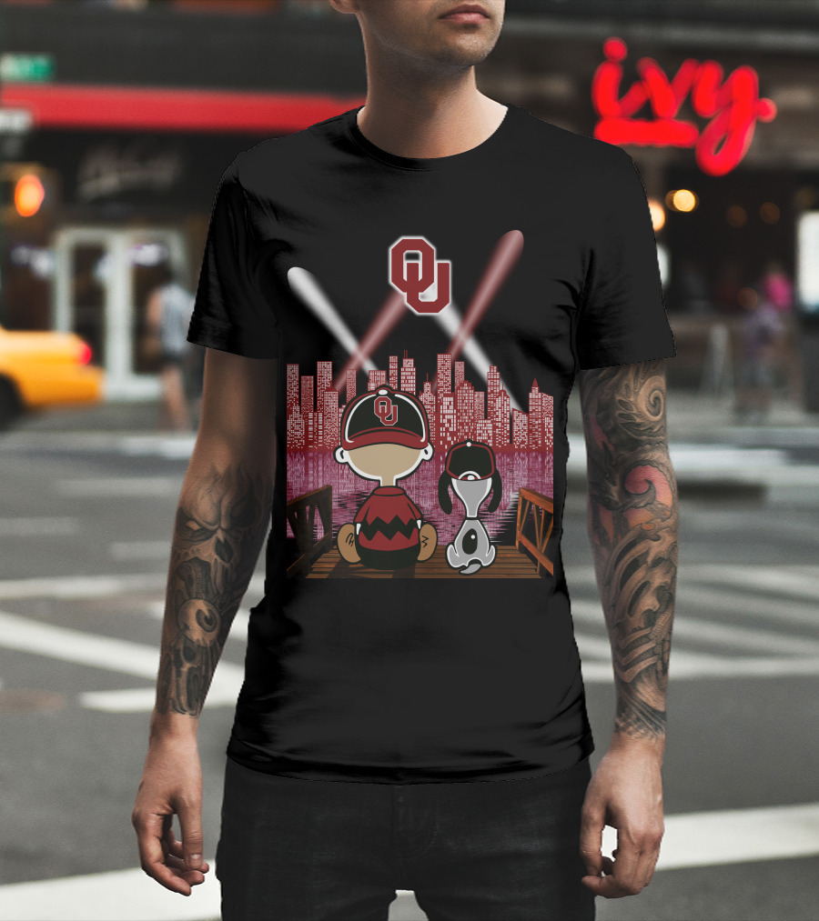 Ou Sooners Peanuts Characters With City Skyline At Night T-Shirt