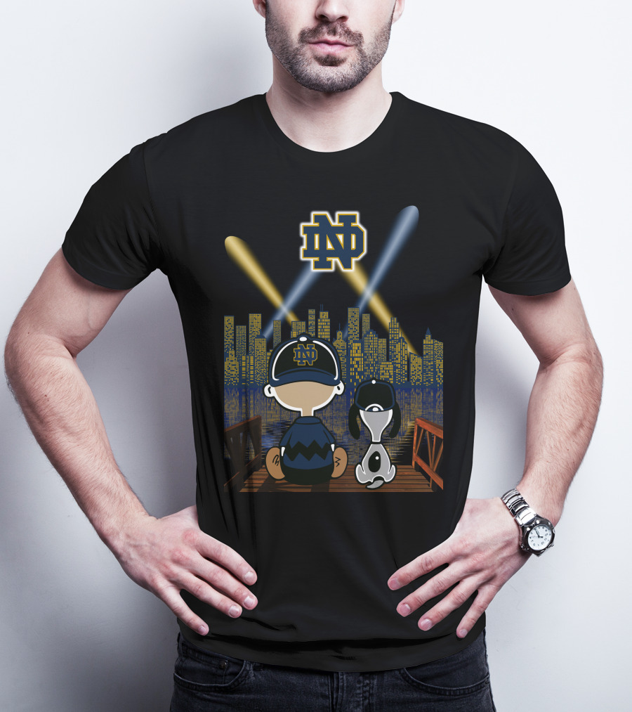 Notre Dame Fighting Irish City Skyline Night Scene With Kids And Dog T-Shirt