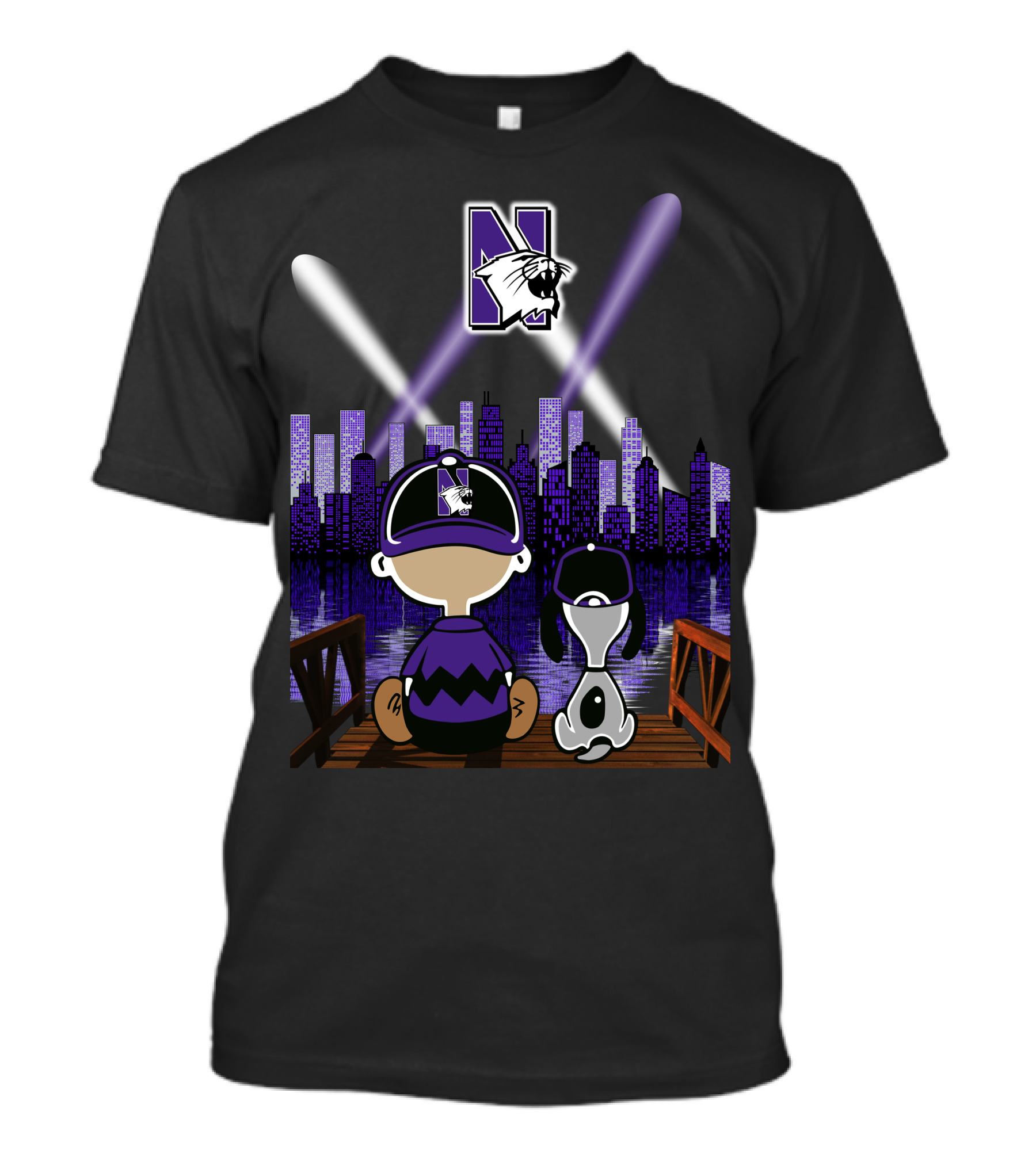 Snoopy And Friends Enjoying Northwestern Wildcats Night Skyline Scene T-Shirt