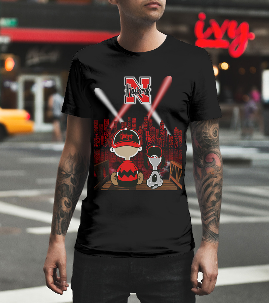 Huskers City By Night With N Logo And Iconic Cartoon Characters On A Bridge T-Shirt