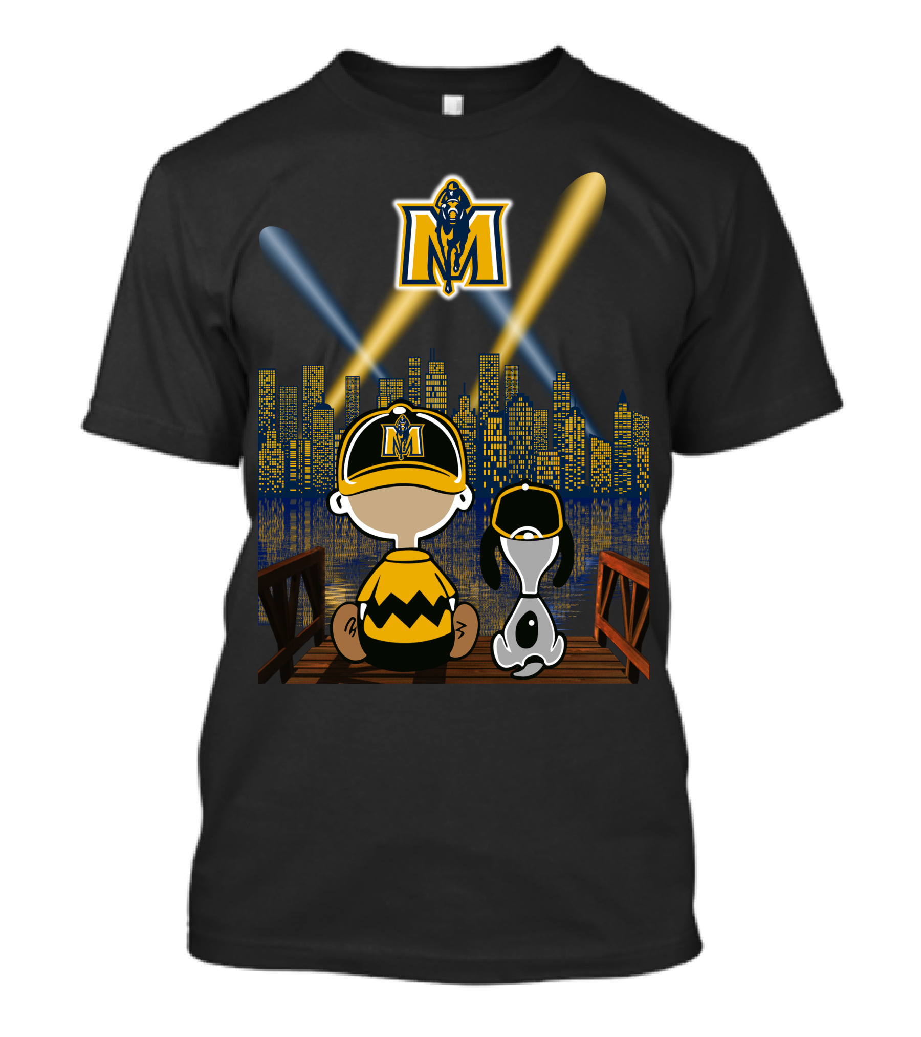 Murray State Racers City Night Skyline With Mascot And Cartoon Characters T-Shirt
