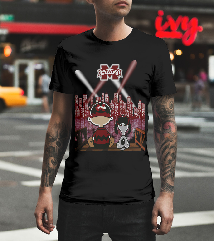 Mississippi State Bulldogs City Night Skyline With Baseball Fans And Iconic Mascot T-Shirt