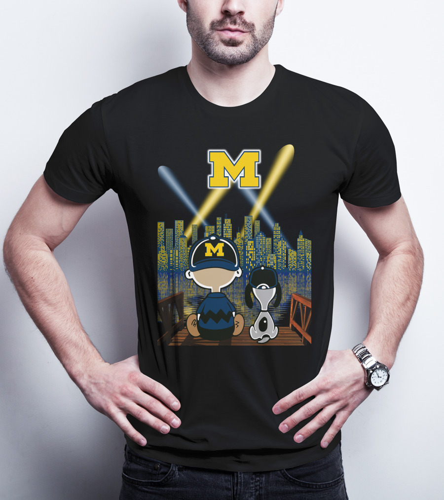 M Michigan Wolverines City By Night Skyline And Characters T-Shirt