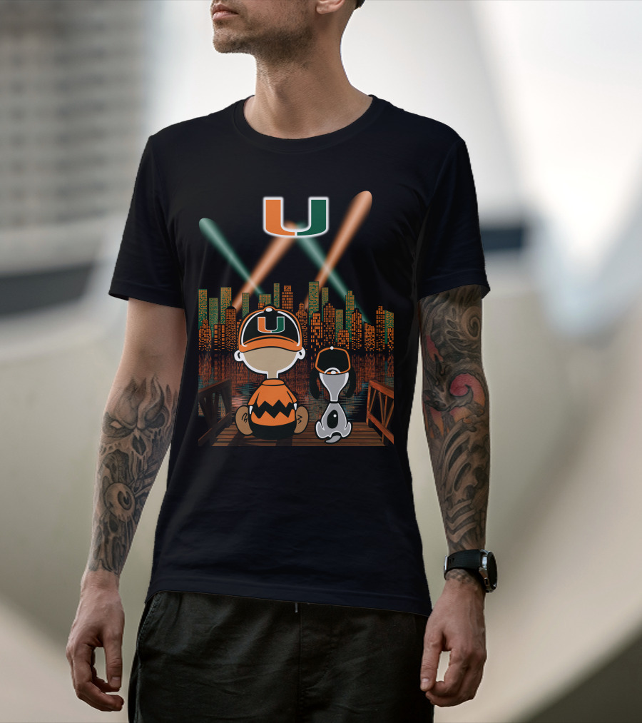 Miami Hurricanes City By Night Skyline Reflections With Characters T-Shirt