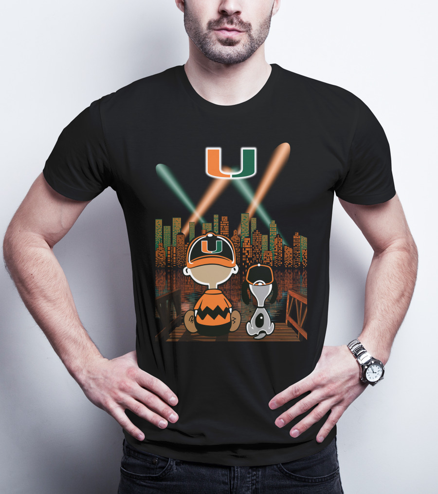 Miami Hurricanes City By Night Skyline Reflections With Characters T-Shirt