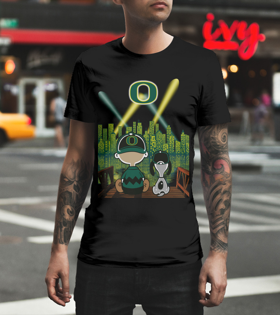 Oregon Ducks Nighttime Cityscape With Cartoon Characters And Stadium Lights T-Shirt